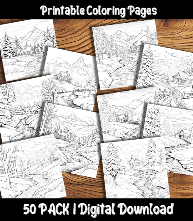 Winter Landscape Coloring Pages | The Happy Colorist