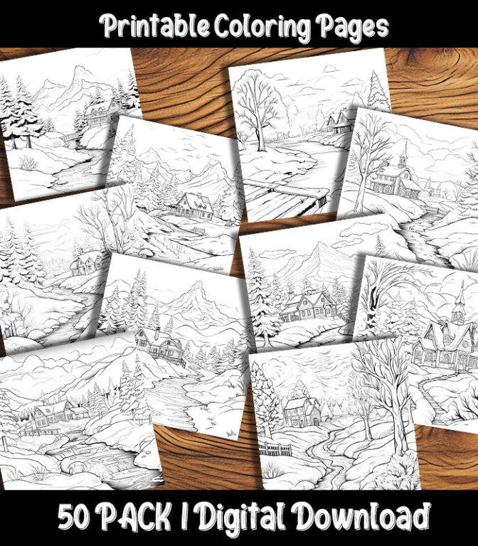 Winter Landscape Coloring Pages | The Happy Colorist