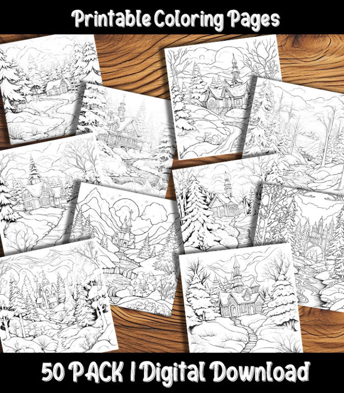 Winter Landscape Coloring Pages | The Happy Colorist