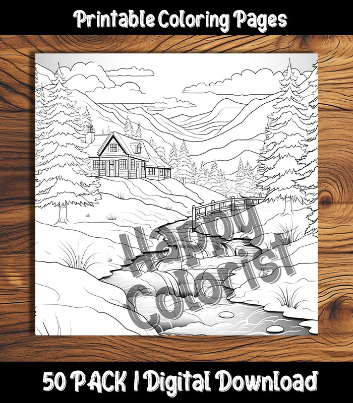 Winter Landscape Coloring Pages | The Happy Colorist