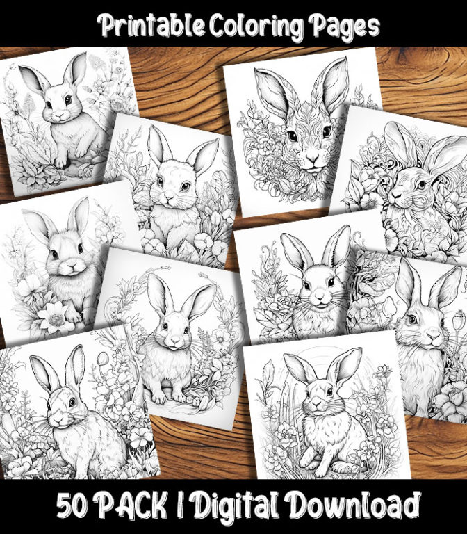 Bunny Coloring Pages Digital 50 Pack | Happy Colorist